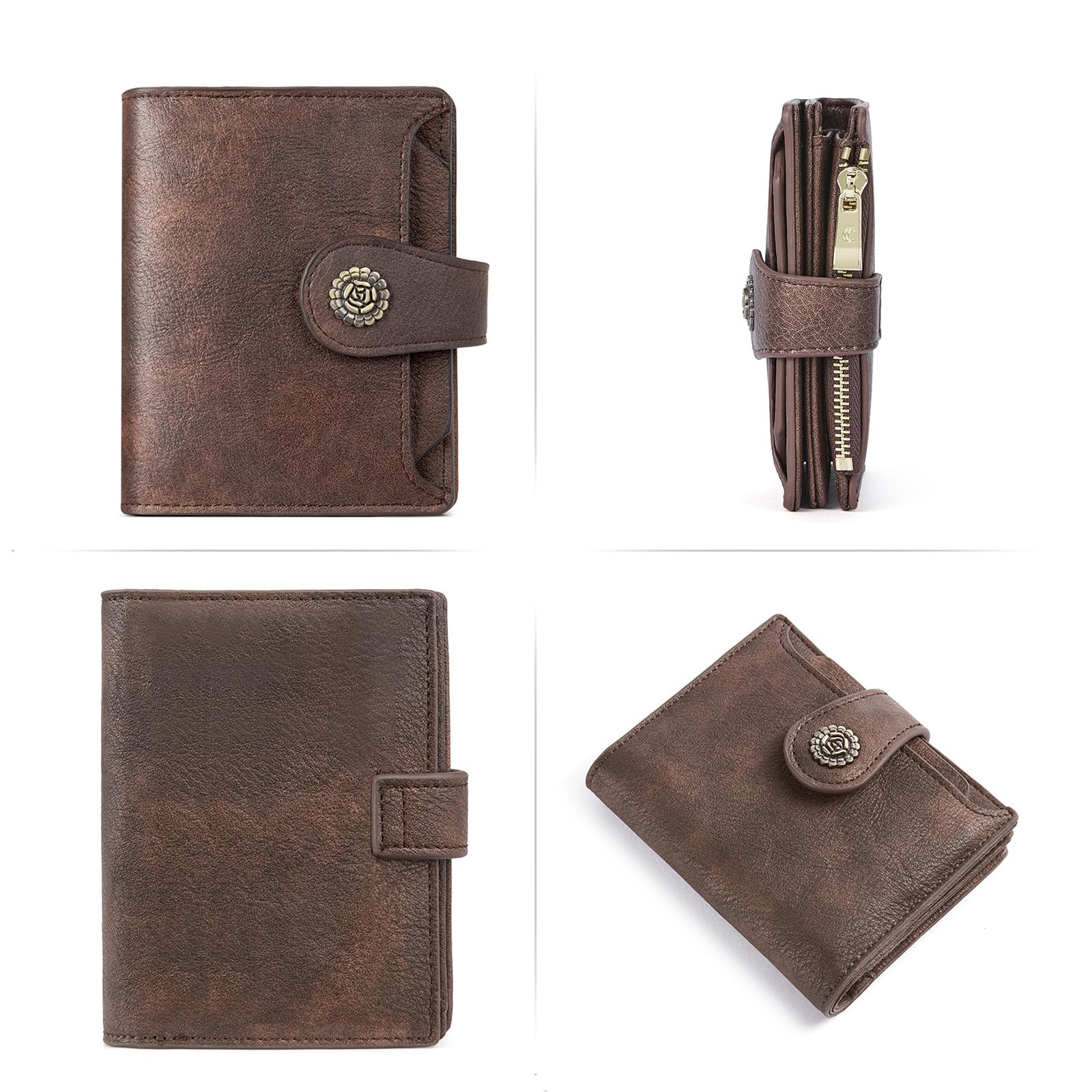 CLUCI Small Wallets for Women RFID Blocking Leather Trifold Compact Credit Card Holder with ID Window Ladies Zipper Coin Purse Coffee