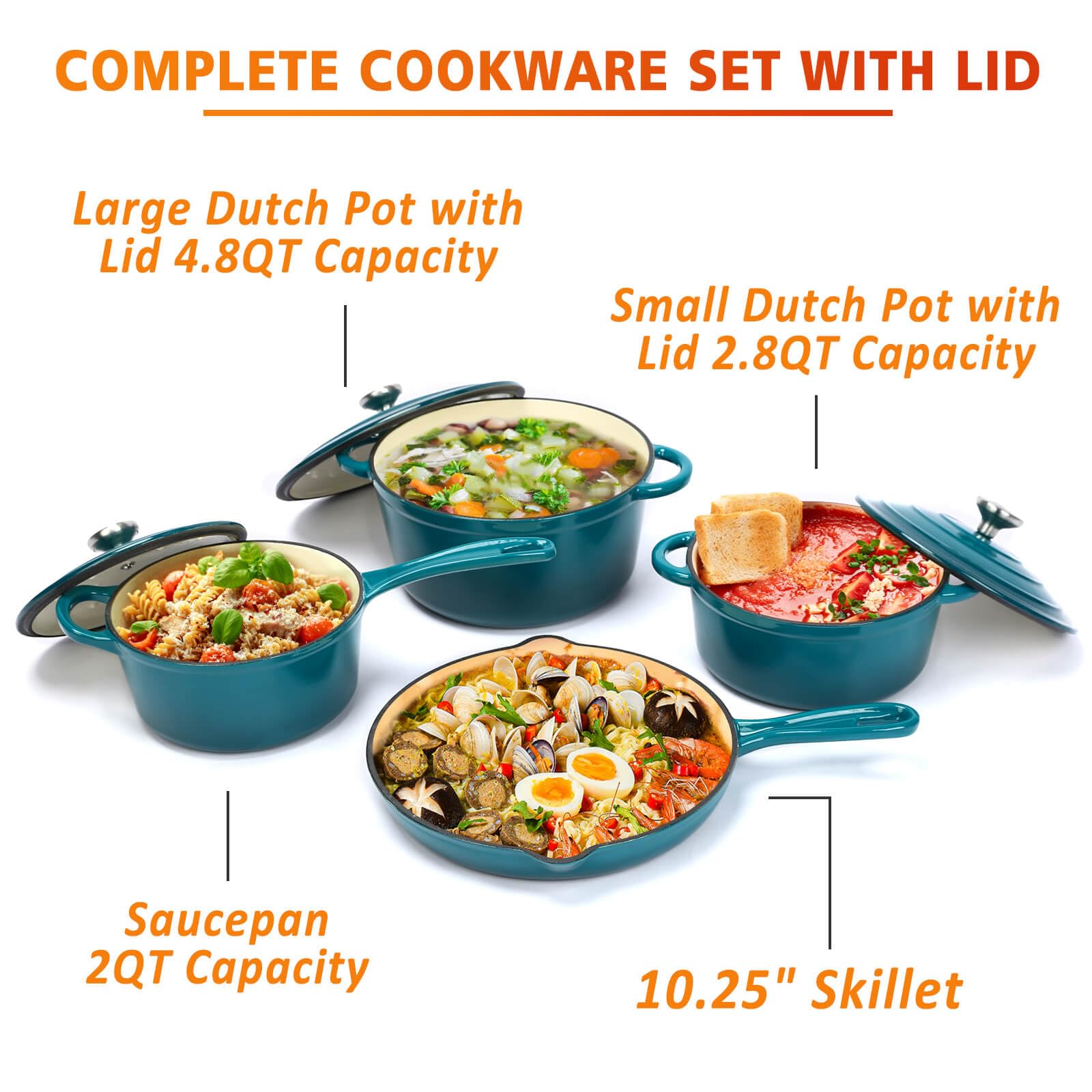 Enameled Cast Iron Cookware Set, 7 Piece Set of Dutch Ovens, Sauce Pan, Skillet, 3 Lids, Dutch Oven Set, Nonstick Ceramic Coated, Gas/Induction Compatible, PFA Free, Come with Organizer, Biscay Blue
