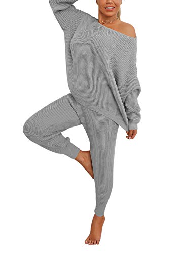 Cosygal Women's Casual Knit Sweater Loose Pullover Top and Pants 2 Piece Outfit Sets Gray Large