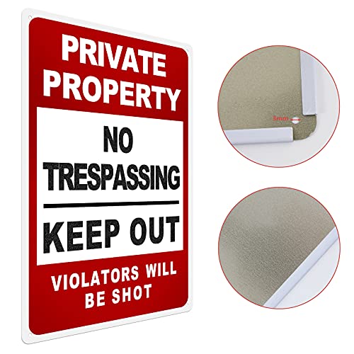 HANTAJANSS No Trespassing Sign Private Property Keep Out Warning Metal Sign, Retro Safety Tin Signs for Outdoors Use, Yard, Farm, Fence, Home