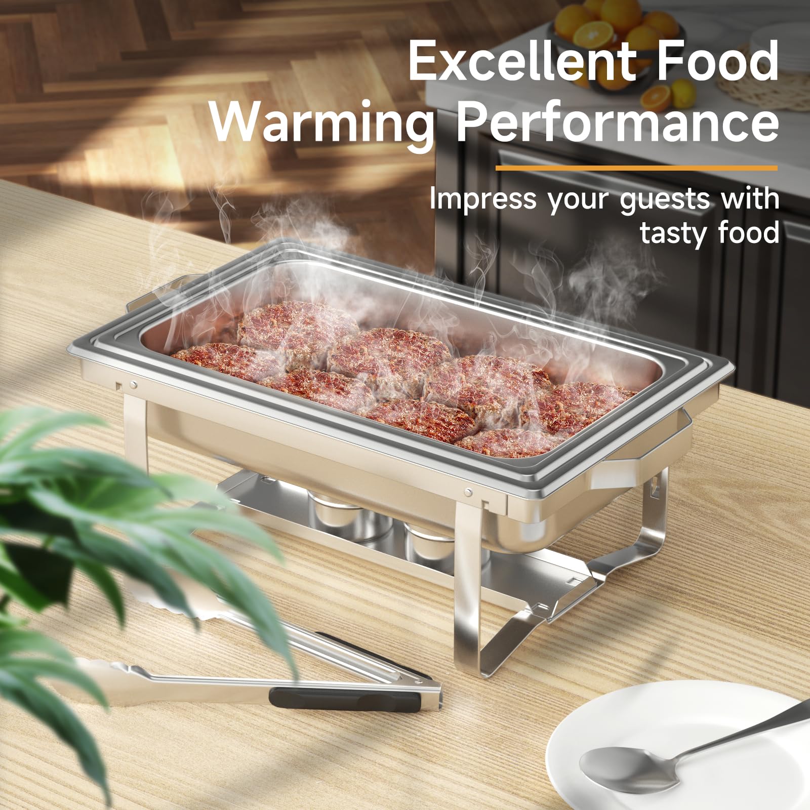 KScocina Chafing Dish Buffet Set, 4 Pack 9.5QT Chafing Dish High Grade Stainless Steel Chafer Complete Set, Gray Handle, Kitchen and Dining Utensils (Silver, 4)