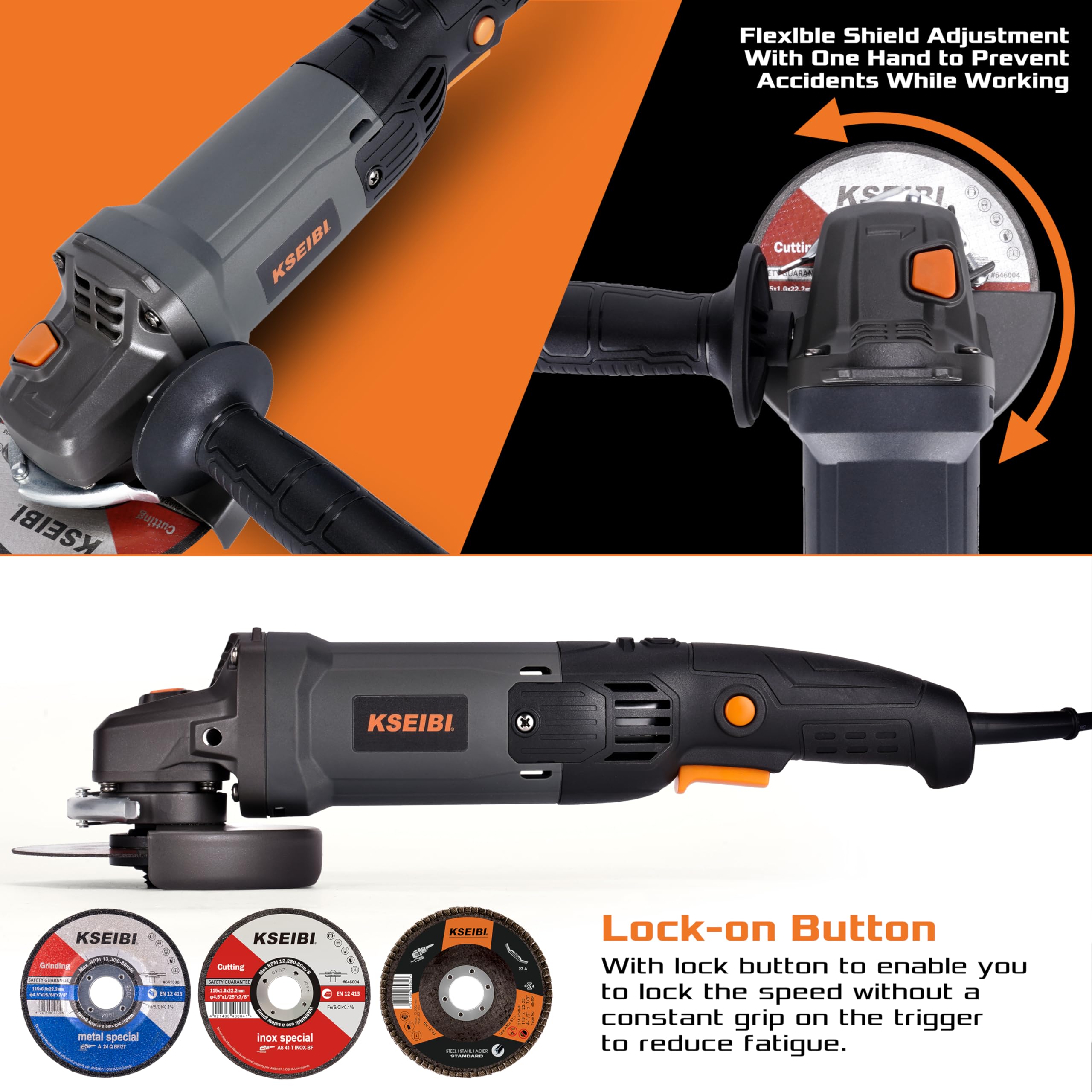 KSEIBI 711943K Angle Grinder Tool - 4 1/2 inch, 950W, 8Amps, 11000RPM, Corded Power Tools Long Handle with 7/8" Arbor Grinding and Cutting Wheels, Flap Disc, Quick Adjustable Guard, and Storage Bag