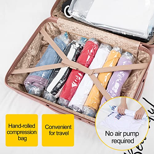 HANTURE 10Pcs Vacuum Travel Compression Bags Reusable Rolling Travel Space Saver Bags for Packing Suitcases Waterproof Clear Travel Storage Organizers Sacks, 13.7x19.6inch