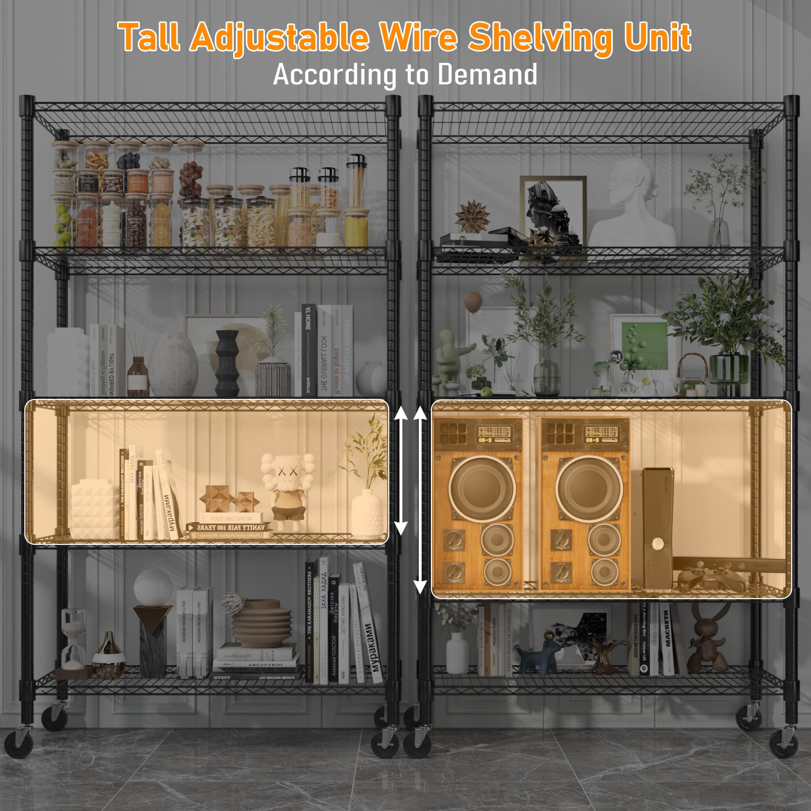 Himimi 18" D×36" W×82" H Storage Shelves with Wheels Metal Wire Shelving Unit 5 Tier Adjustable Shelving Heavy Duty Garage Shelf Organizer Rack Loads 2000LBS,Black