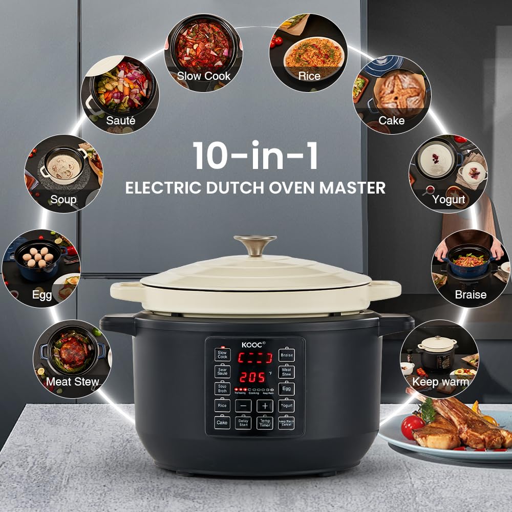 KOOC 10-in-1 Slow Cooker 6 qt White, Electric Dutch Oven, Slow Cook, Braise Pot, Sear/Sauté, Enameled Cast Iron with Self-Basting Lid, 1500W KDO600W