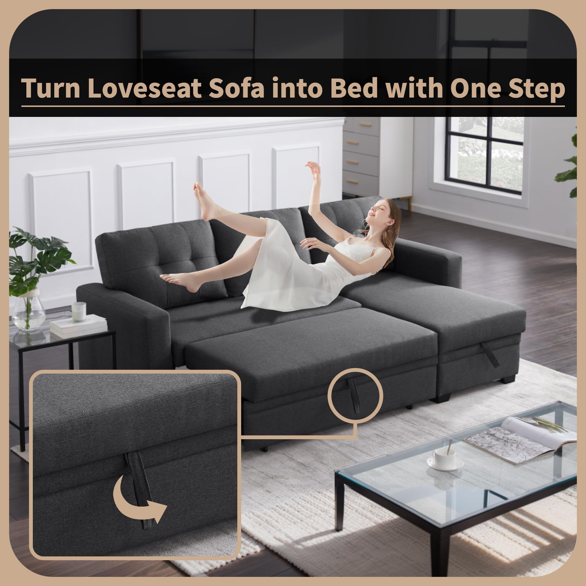 HHOK Pull Out Modular Sleeper Sofa Bed Living Room Furniture Sets, L Shaped Sectional Comfy Couch Upholstered with Reversible Storage Chaise Bench for Apartment, Home - Dark Gray Sofá