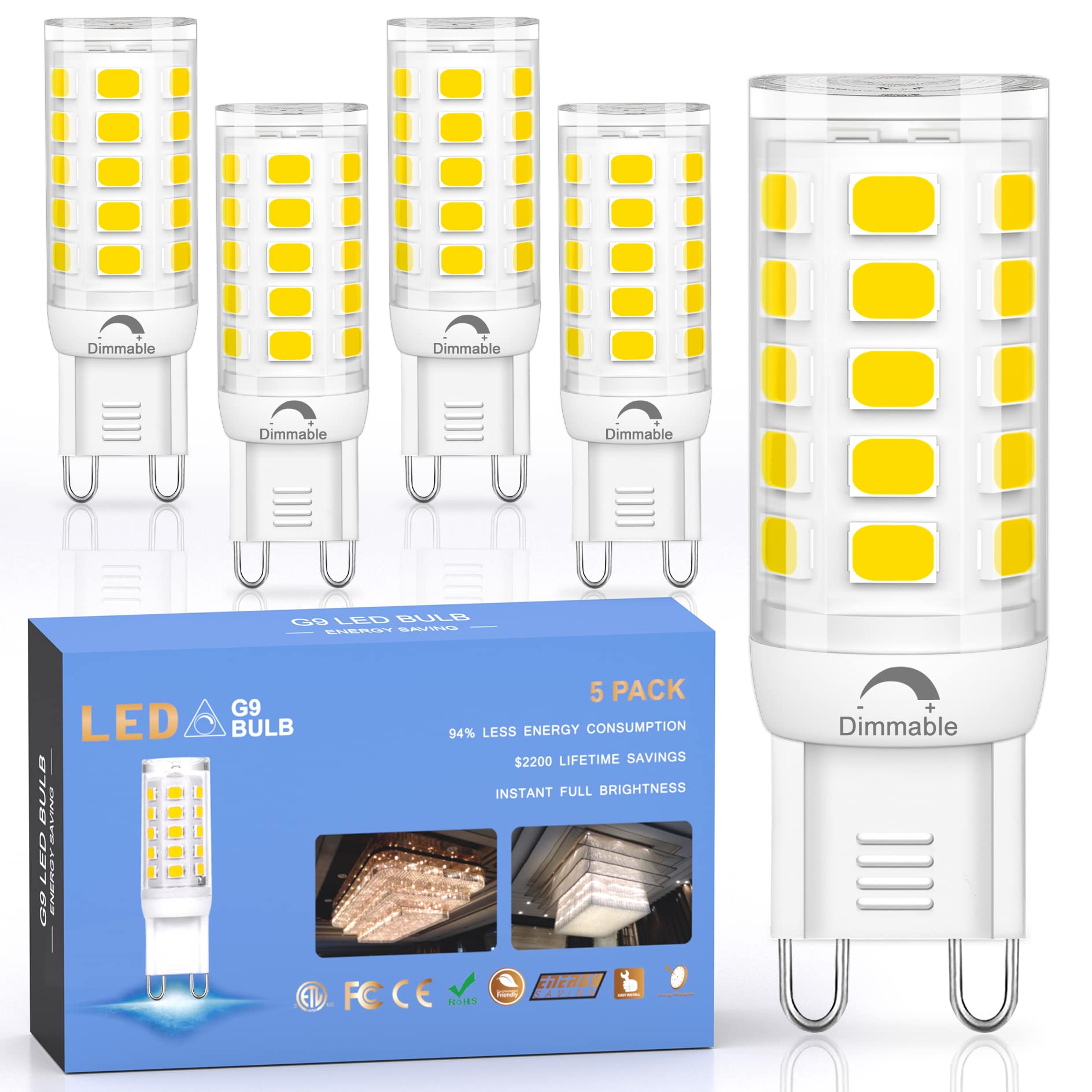 Cotanic G9 LED Bulb Dimmable 4000K Daylight, G9 Light Bulb Bi Pin Base for Crystal Chandelier,4W 40W T4 G9 Halogen Replacement,360 Degrees Beam Angle,400LM,120V AC,5 Pack