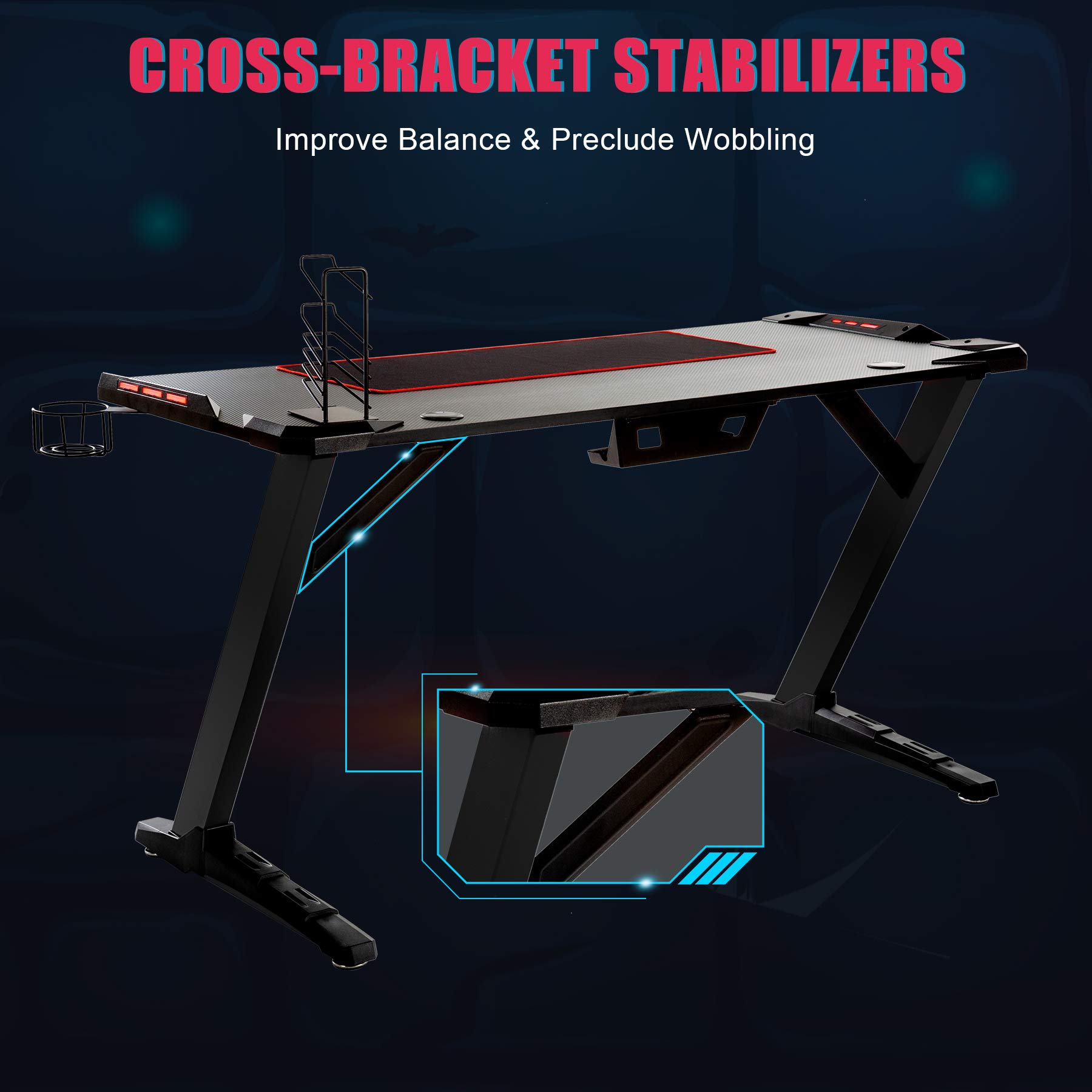 CO-Z 55 Inch Gaming Desk, Z Shaped Gaming Table with 6-Color RGB Lighting, Large Mouse Pad, Controller Stand, Cup Holder & Headphone Hook, Writing Desk Computer Desk for Home Office and More, Black