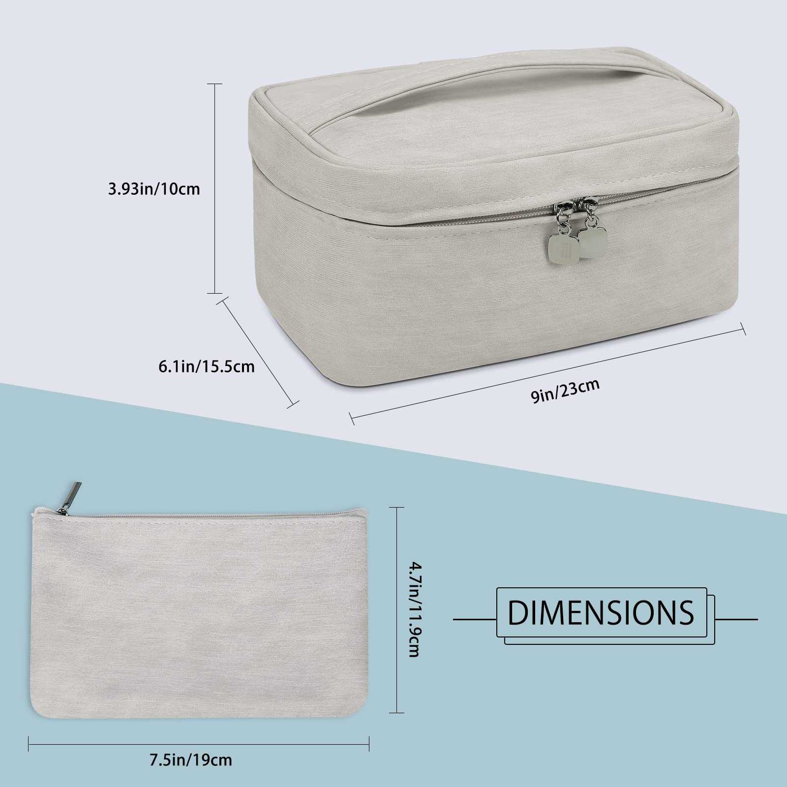 KTMOUW Makeup Bag Waterproof Cosmetic Bag Leather Makeup Travel Bag Portable Makeup Brush Bag Multifunctional Makeup Organizer Bag for Women Girls, 2-Pack, Grey