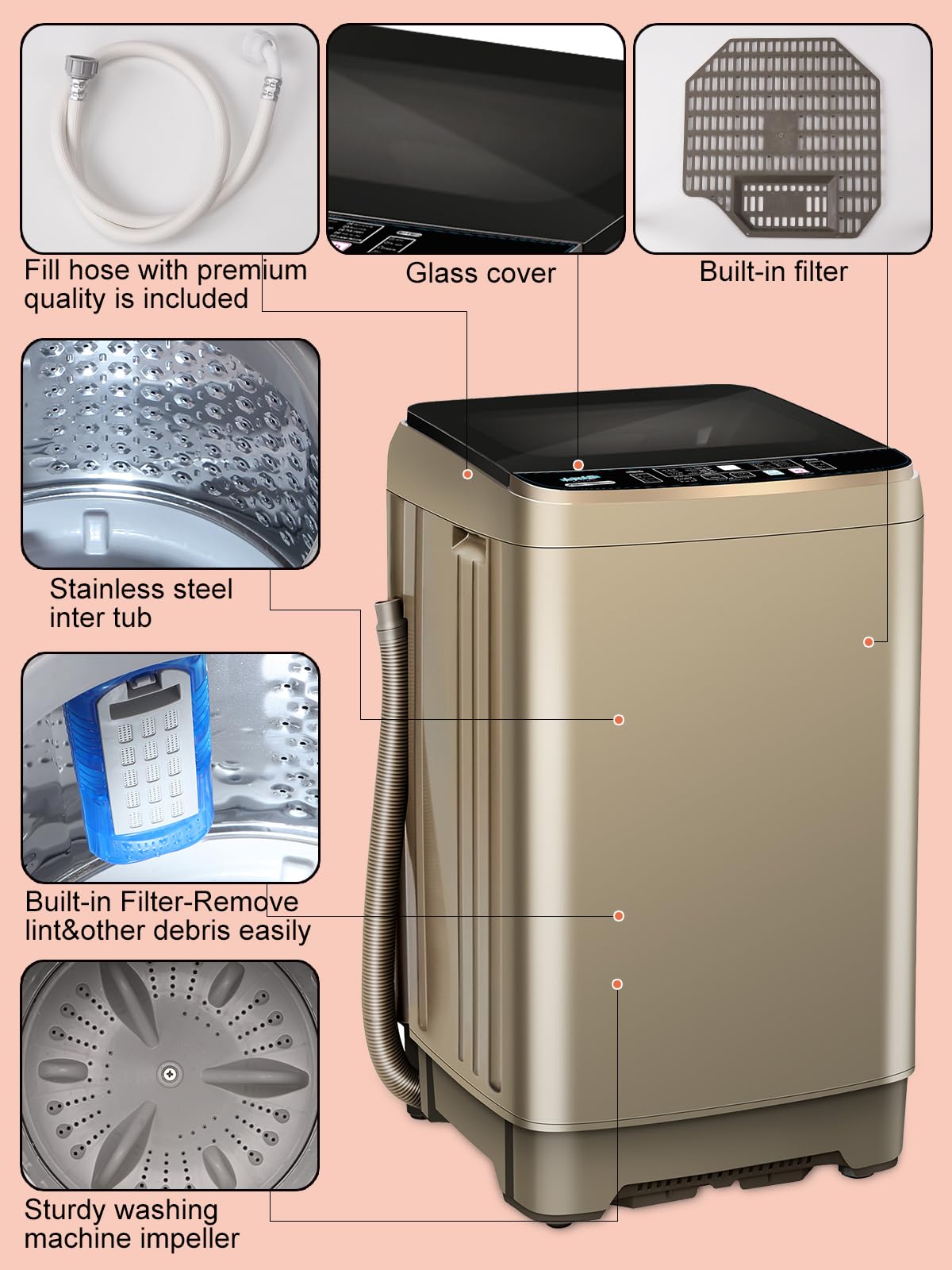 KRIB BLING Full Automatic Washing Machine with LED Display, 25 lbs Portable Washer Drain Pump, 10 Programs & 8 Water Levels Selections, Ideal for RV, Camping, Apartment, Dorm, Dark GOLD