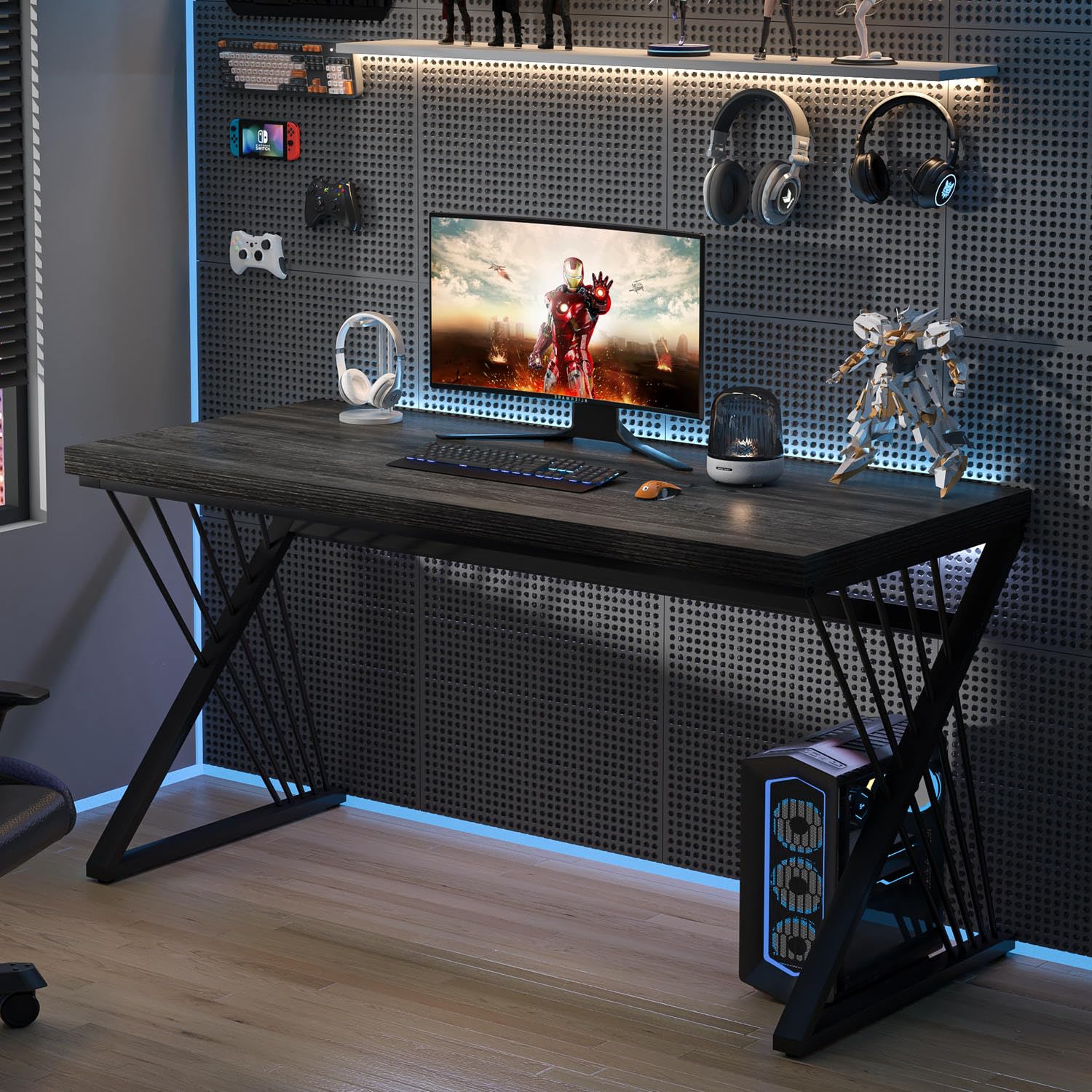 FOLUBAN Modern Home Office Desk, Rustic Wood and Metal Computer Desk, Writing Study Gaming Table PC Desks for Living Room Bedroom, Industrial Dark Gray, 53 inch