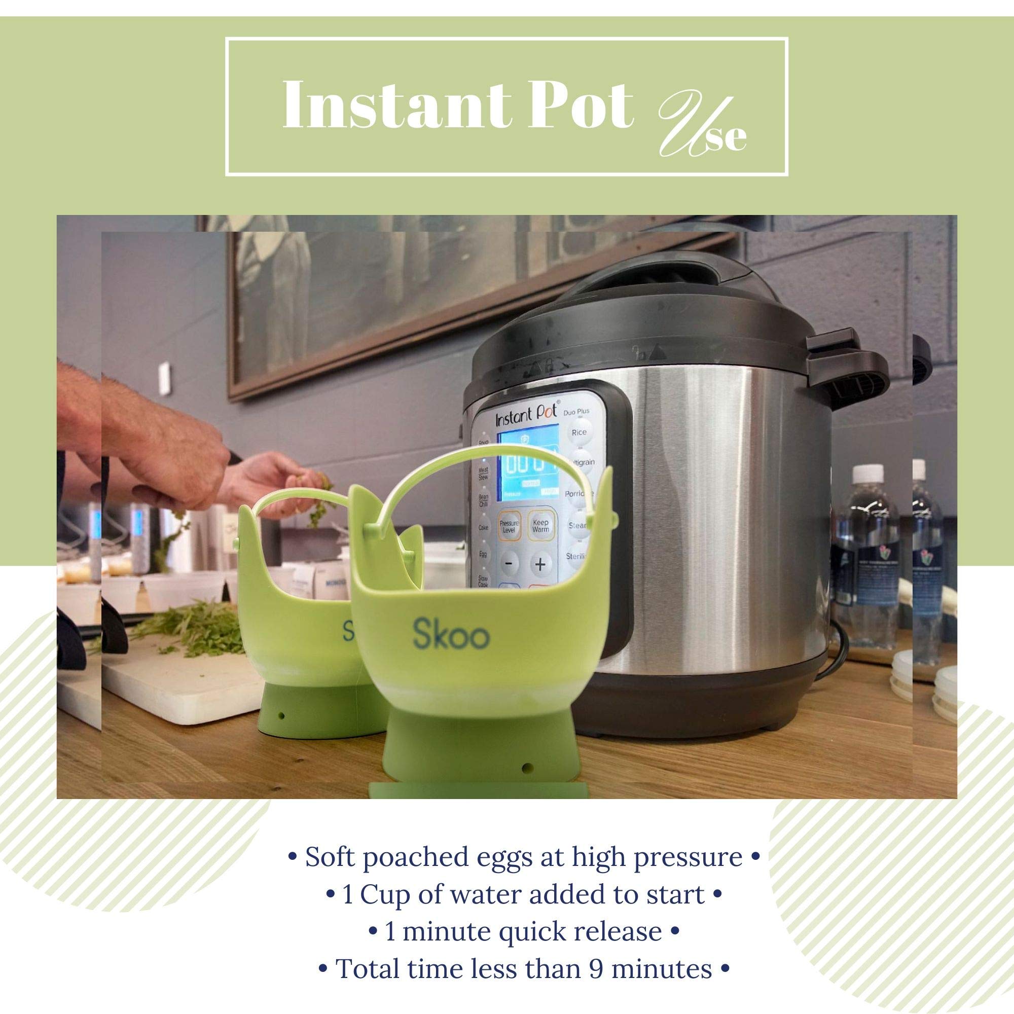 Egg Poacher - Skoo Silicone Egg Poaching Cups + Lids + Bonus eBook - Egg Cooker Set - Perfect Poached Egg Maker - For Stove Top, Microwave and Instant Pot - Pack of 2 - Green