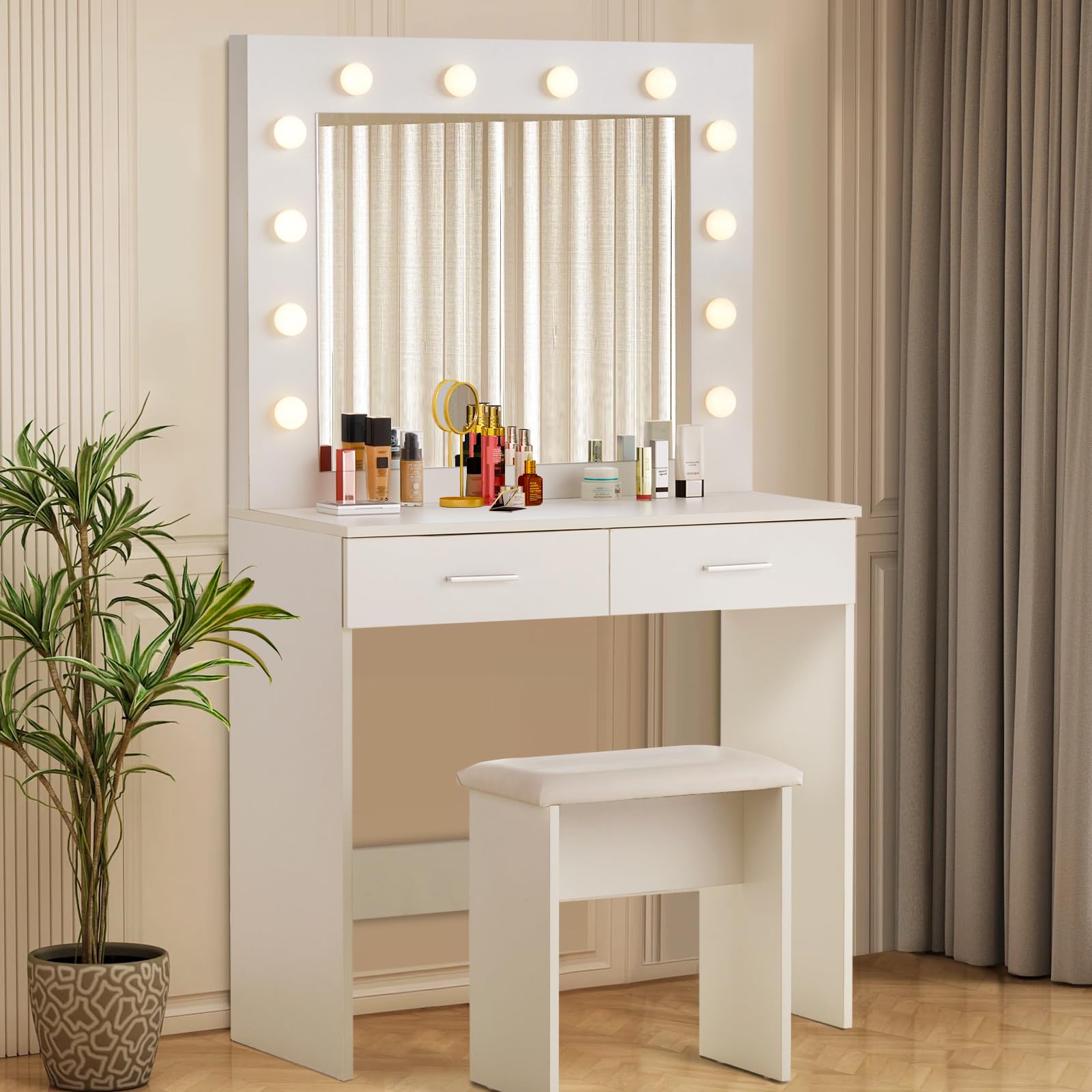 CLIPOP Modern Makeup Table with Mirror and Chair, Dressing Table with Light, 2 Drawers, Bedroom Dressing Table with 12 LED Lights and 3 Colors Lighting, Vanity Stool for Women, Girl’s Room (White)