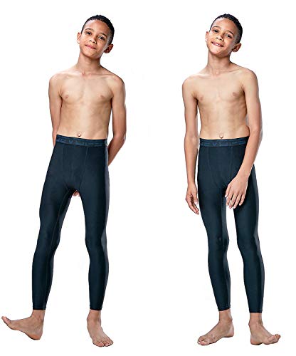 DEVOPS 2 Pack Youth & Boys Thermal Compression Baselayer Sport Tights Fleece Lined Pants (Small, (Non-Fly) Black/Black)