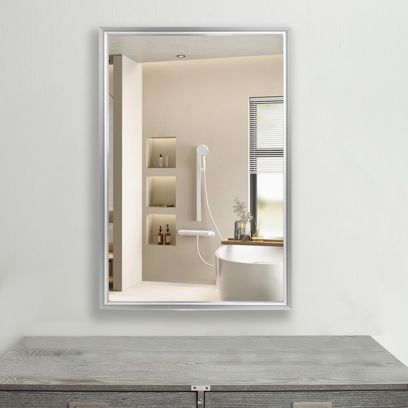 FOMAYKO Bathroom Medicine Cabinet with Mirror, Recess or Surface Mount Bathroom Vanity Mirror Cabinet,Single Door Cabinet Famerhouse Bathroom Mirror with Storage Cabinet (Brush Silver, 16"x26")