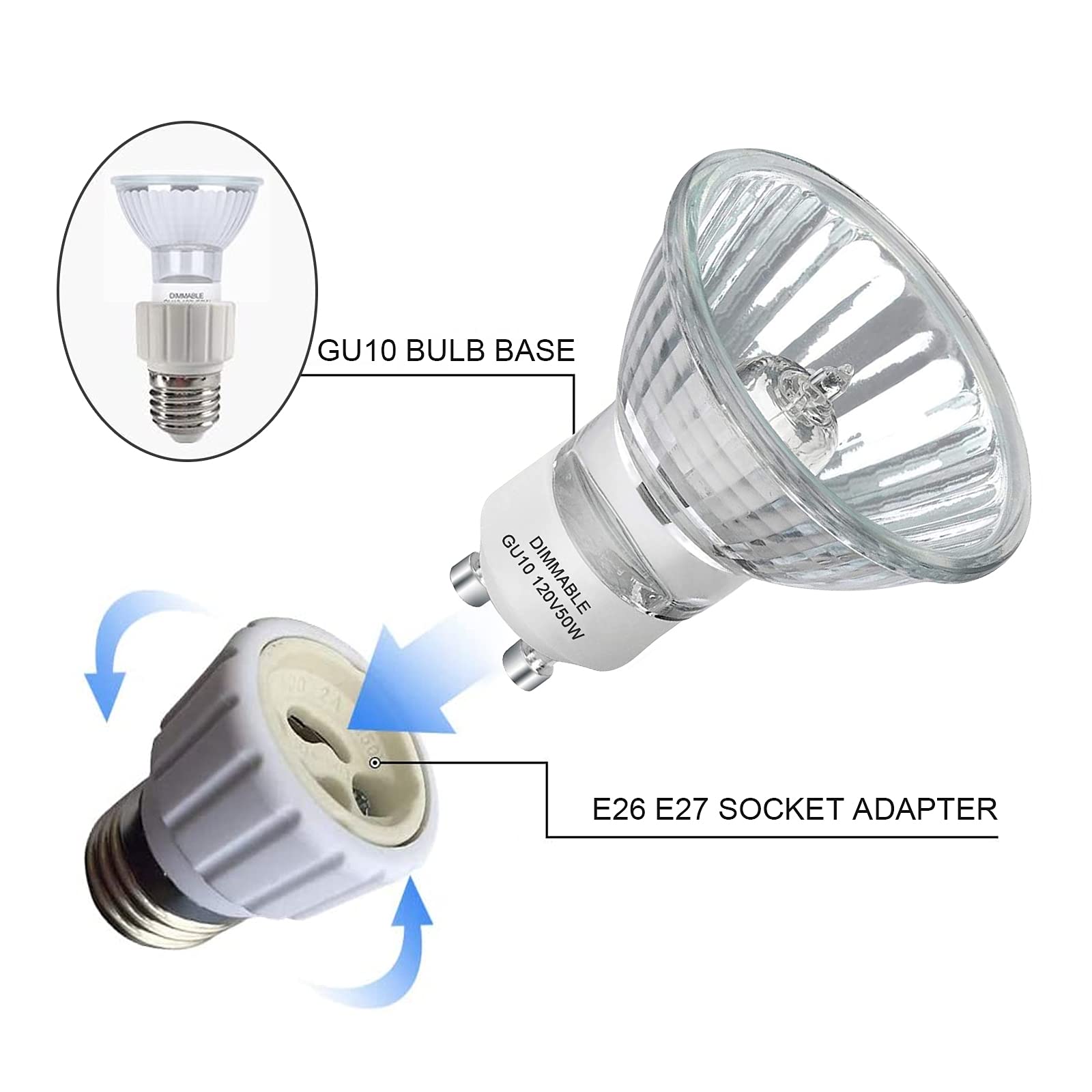 DGE 50W GU10 Halogen Light Bulbs 2 pin, Dimmable 500 Lumen Warm White Bright and Long Lasting Light Bulb, 3Packs,1 Pcs GU10 Adapters