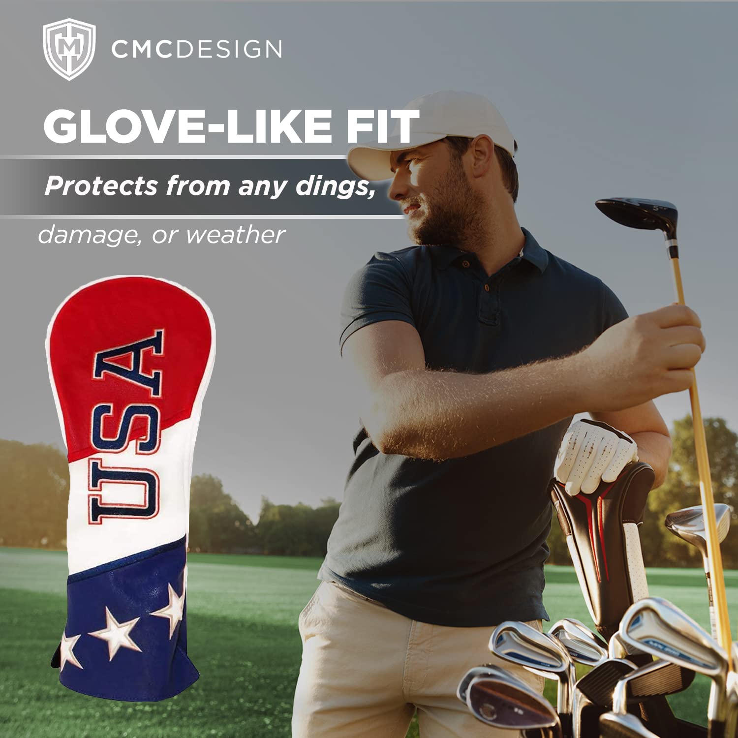 CMC Design Custom USA “Stars” Embroidered Golf Blade Head Cover - Glove Soft Lining - Design Elements Include Applique and Embossing - Great Fit for Any Club as Golf Head Covers, Driver Cover