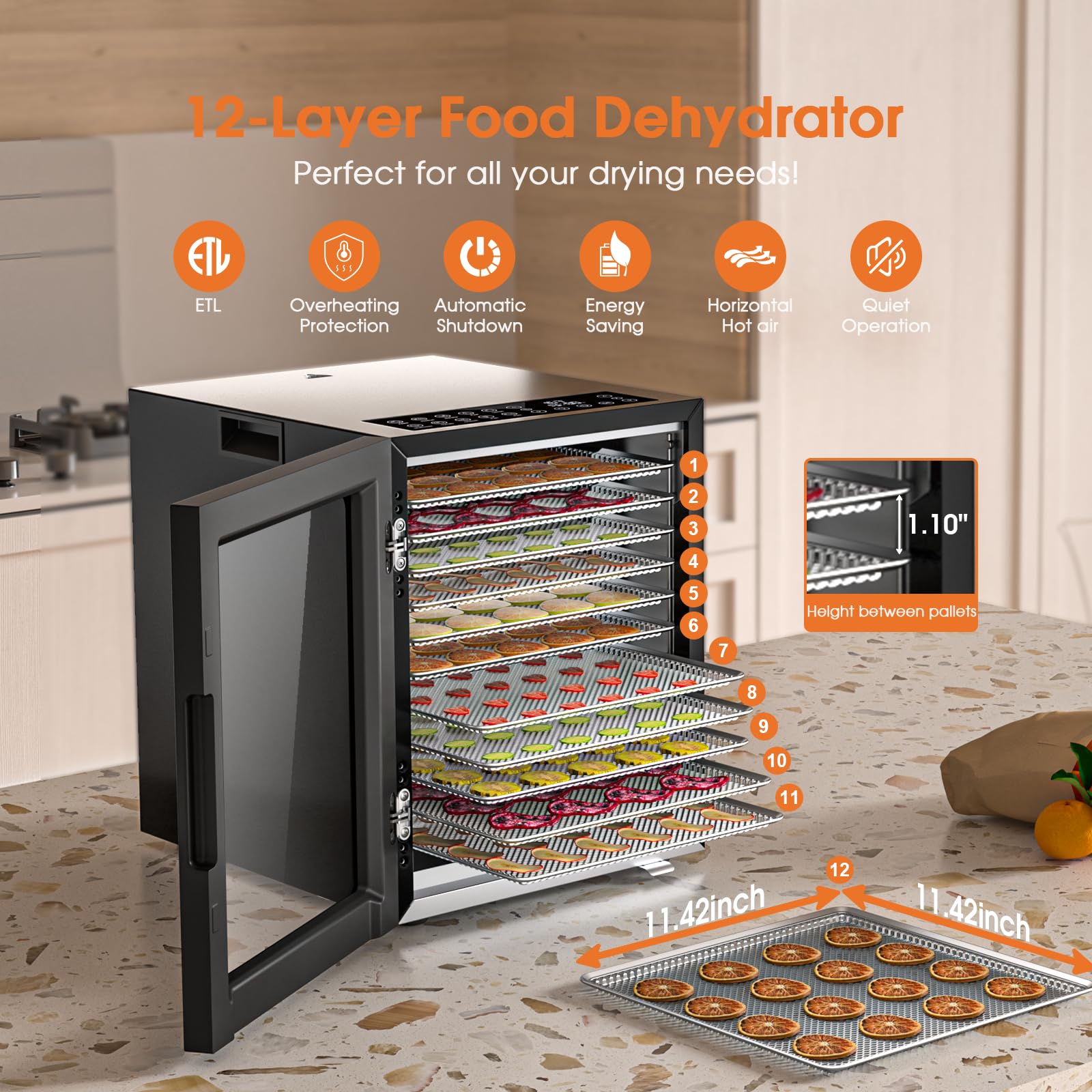 Food Dehydrator for Jerky, 12-Trays Stainless Steel Fruit Dehydrators Machine with Temperature Control & Timer, Digital Food Dryer Machine for Home, Dog Treats, Meats, Veggies