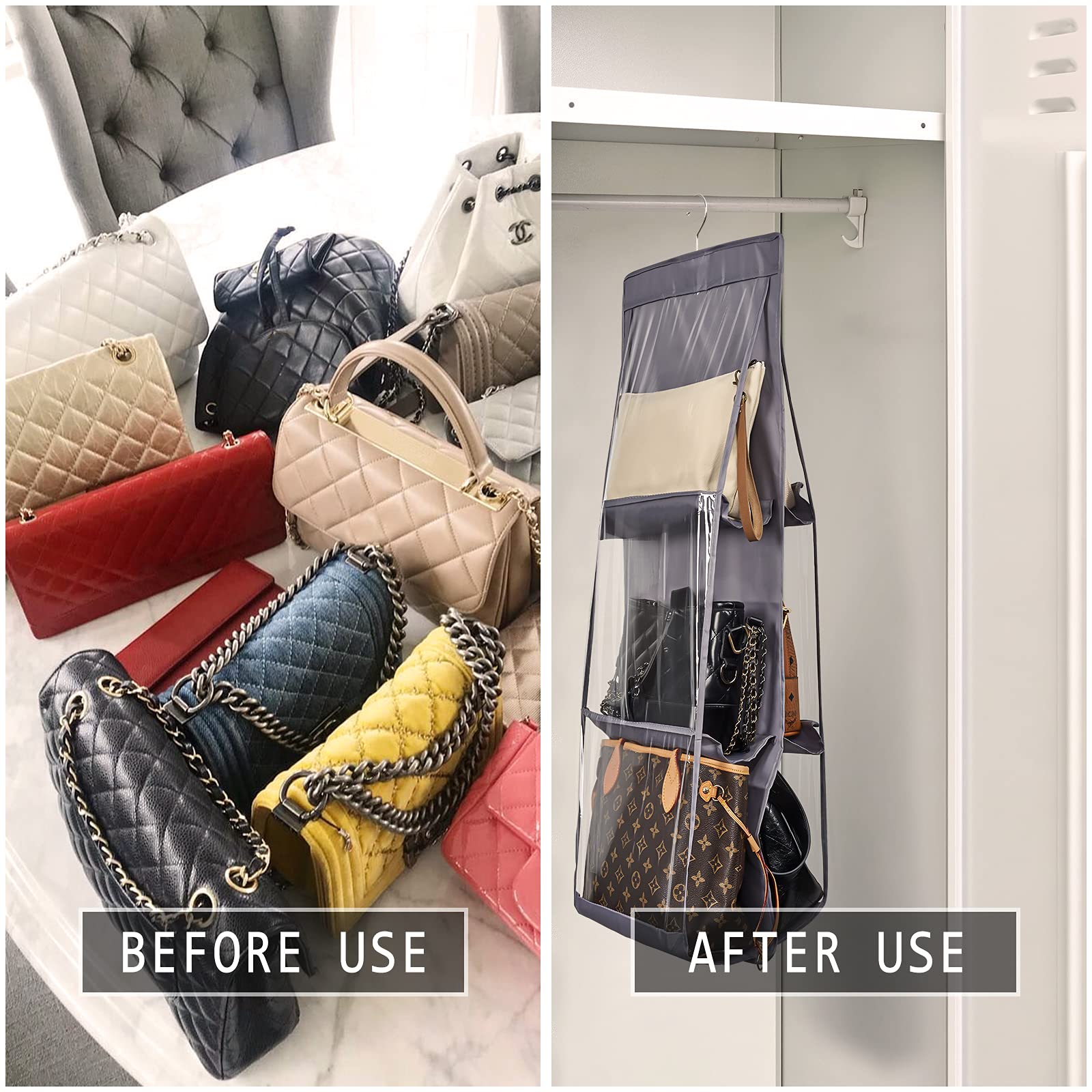 Vercord Hanging Purse Organinzer Handbag Tote Hanger Closet Dustproof Storage Bag with Six Pockets Grey