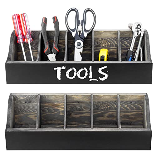 MyGift Utility Caddy Organizer, Adjustable Solid Wood Storage Organizers with 10 Compartments and Chalkboard Label for Crafting Parts and Tools, Wall Mountable and Freestanding, Set of 2