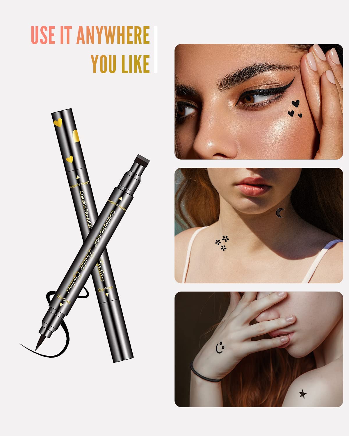 Enfuntins 6 Pcs Eyeliner Stamp, Black Double-Ended Liquid Eye Liner Pen Waterproof Long-Lasting SmudgeProof Tattoo Eye Makeup Set Winged, Smiley, Star, Moon, Heart, Flower