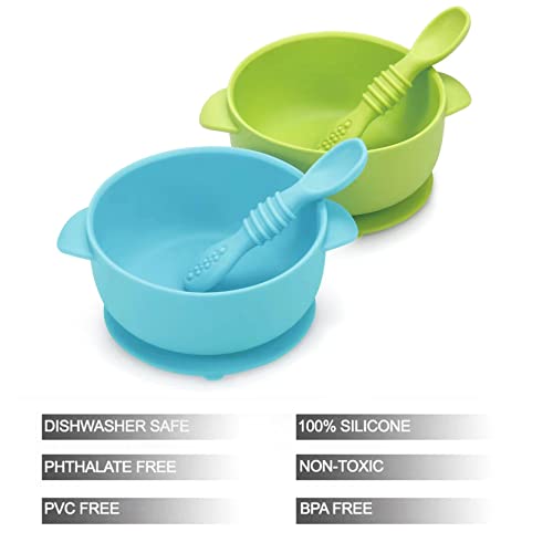 PandaEar Set of 2 Silicone Stay Put Suction Bowls | Large Cup Base| Food Grade Soft Safe BPA-Free Silicone | Babies Toddlers Infants | (Blue & Green)