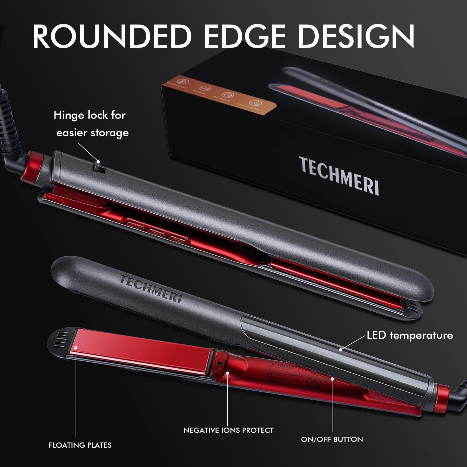 TECHMERI Hair Straightener, Flat Iron and Curler 2 in 1, Ceramic, Ionic, 1 inch, 450F, Dual Voltage, Black