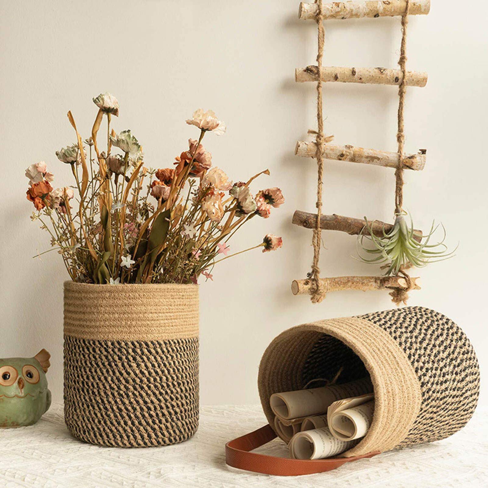 Cotton Rope Basket with Handle for Baby Laundry Basket Toy Storage Blanket Storage Hanging Basket Round Multi-Purpose Woven Wall Rope Basket for Home White S