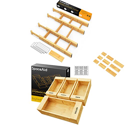 SpaceAid Bamboo Drawer Dividers with Inserts and Labels, 4 Dividers with 9 Inserts (17-22 in), Bag Storage Organizer (4 Pack)