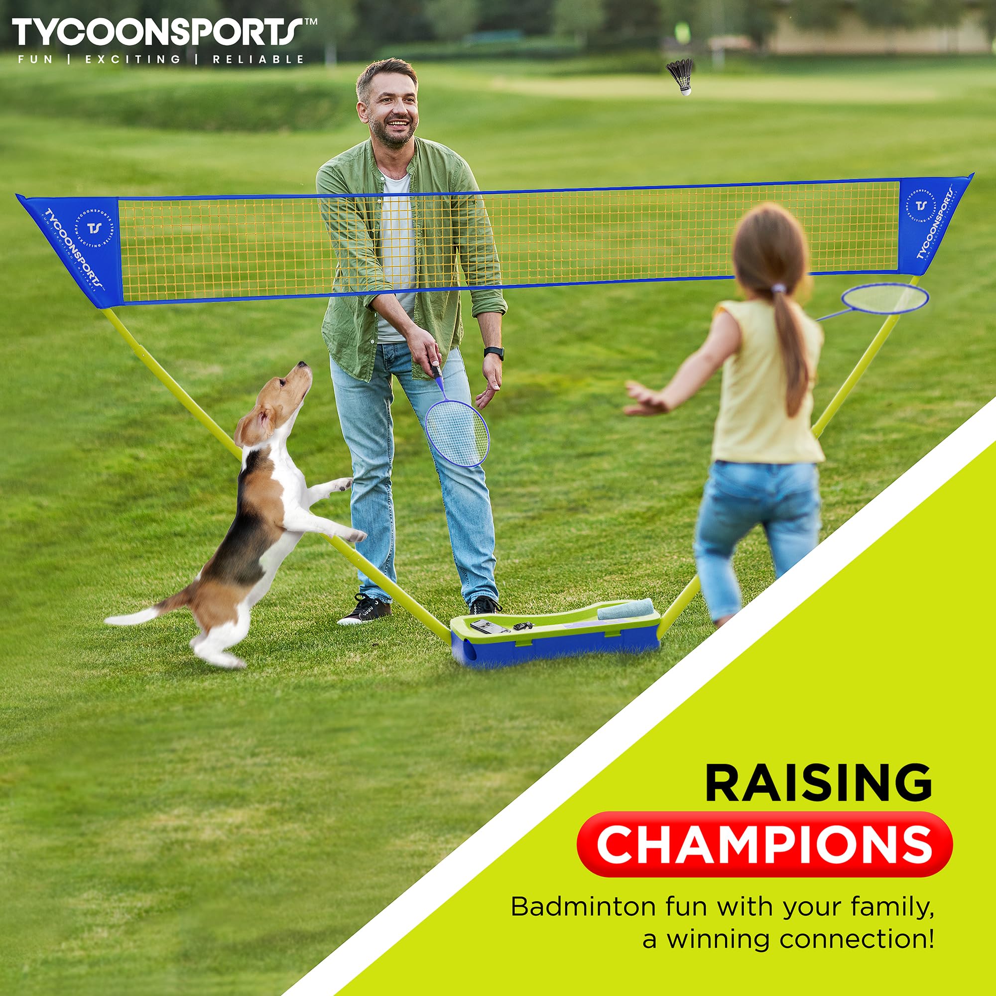 Complete Badminton Set | Portable Badminton Net with Stand 10 x 5 | 4 Badminton Rackets | 4 Over-Grips | 4 Racket Protectors | 8 Badminton Birdies (4 LED & 4 Goose-Feather) | 1 Hard Carry Case