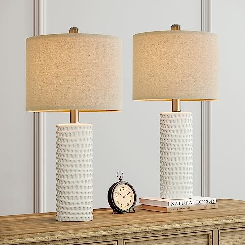 PORTRES 24" Farmhouse Ceramic Table Lamp Set of 2 for Bedroom Living Room White Desk Decor Bedside Lamps for Study Room Office Dorm Modern Accent Nightstand Lamp End Table Lamps