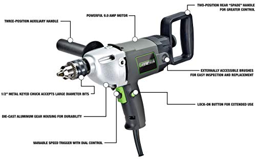Genesis GSHD1290 1/2" 9.0 Amp Variable Speed Spade Handle Electric Mud Mixer Drill with Lock-On Button, Three-Position Auxiliary Handle, Two-Position Spade Handle, Chuck Key, and 2 Year Warranty