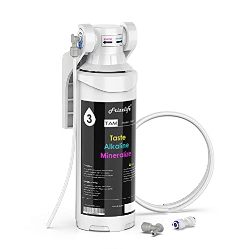 Frizzlife TAM3 Under Sink Inline Water Filter - Alkaline PH+ Remineralization, NSF/ANSI 42 Certified, Adjust Taste & PH, Restore Essential Minerals, 1/4" Pipe Fits for Reverse Osmosis Systems