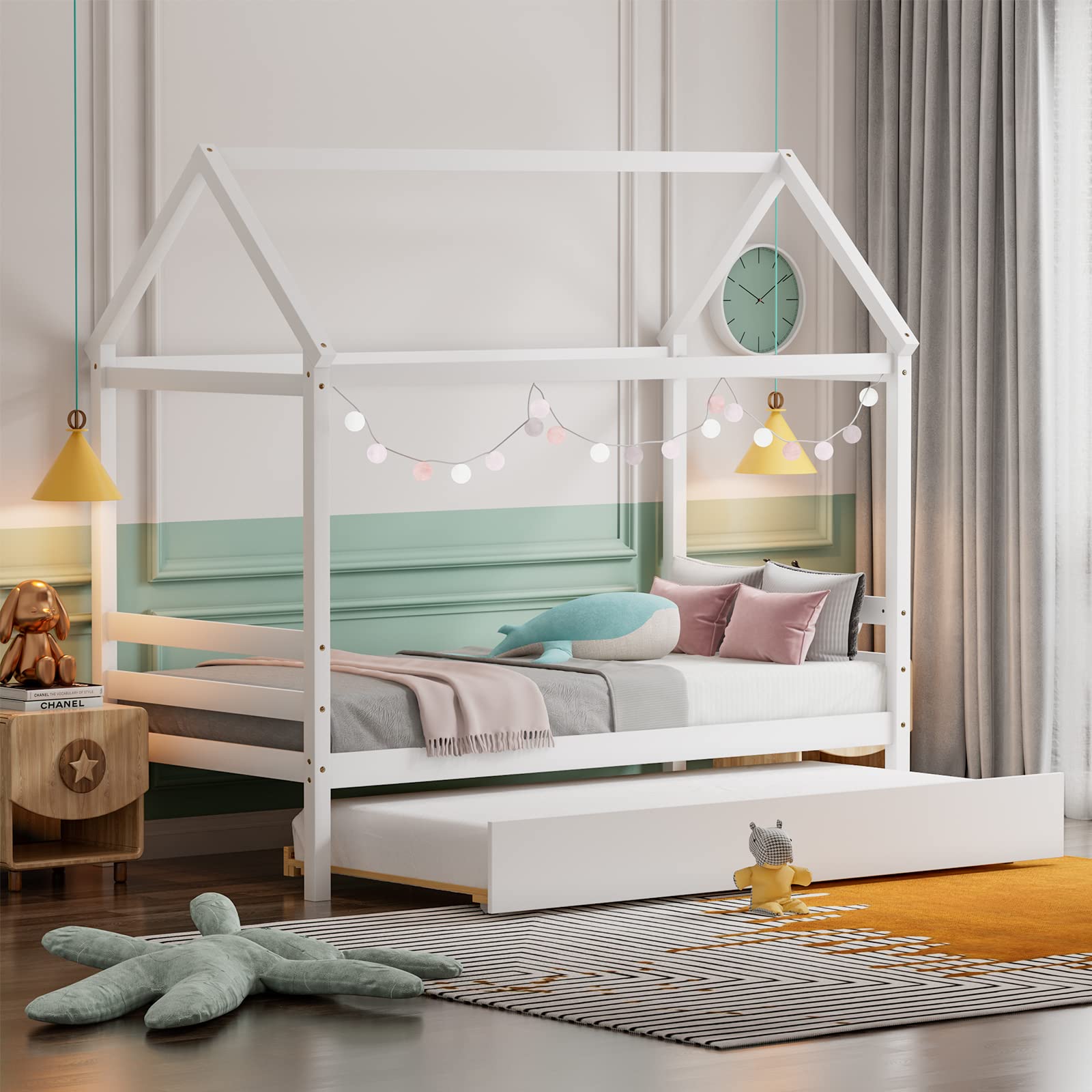 KOMFOTT Twin House Bed with Trundle, Solid Wood Playhouse Platform Bed Frame, Kids Daybed with Roof for Girls & Boys, No Box Spring Needed, Noise-Free Design, Easy Assembly, White