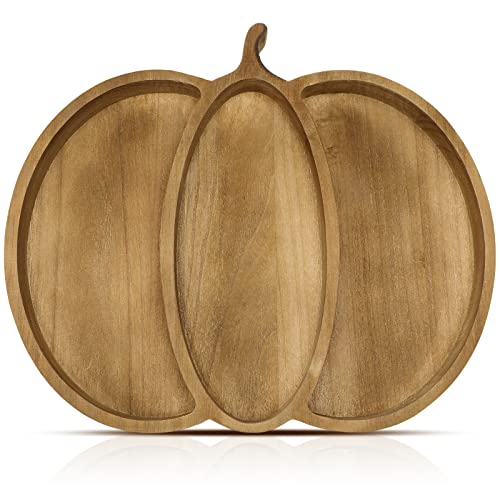 Spiareal Thanksgiving Wooden Serving Platter Maple Pumpkin Leaf Christmas Snack Fruit Meat Cheese Board Rustic Angle Shape Charcuterie Board Sectional Dish Plate for Thanksgiving Christmas(Pumpkin)