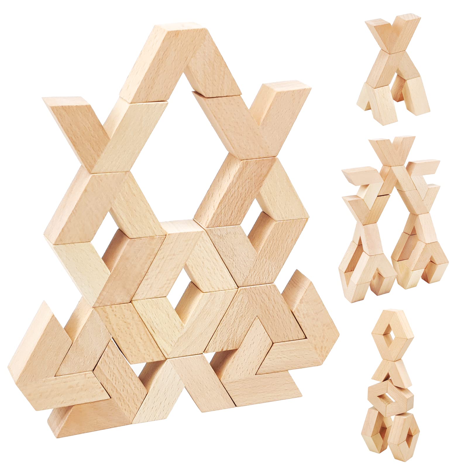 Xylolin Wooden Building Blocks for Kids 4-8, Large Solid Wood Toddlers Stacking and Balancing V-Shape Blocks Toy, Early Learning Construction Game for Kids Age 3 4 5 6 7