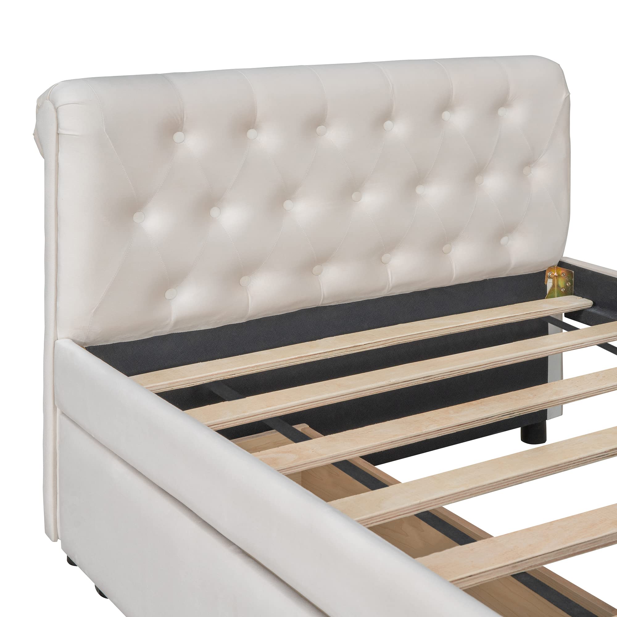 Jintop Twin Size Velvet Upholstered Daybed with Trundle and Two Armrests,Storage Wonden Bed Frame,W/Drawer,Wood Slat Support,for Apartment,Bedroom,Living Room,No Box Spring Needed,Beige