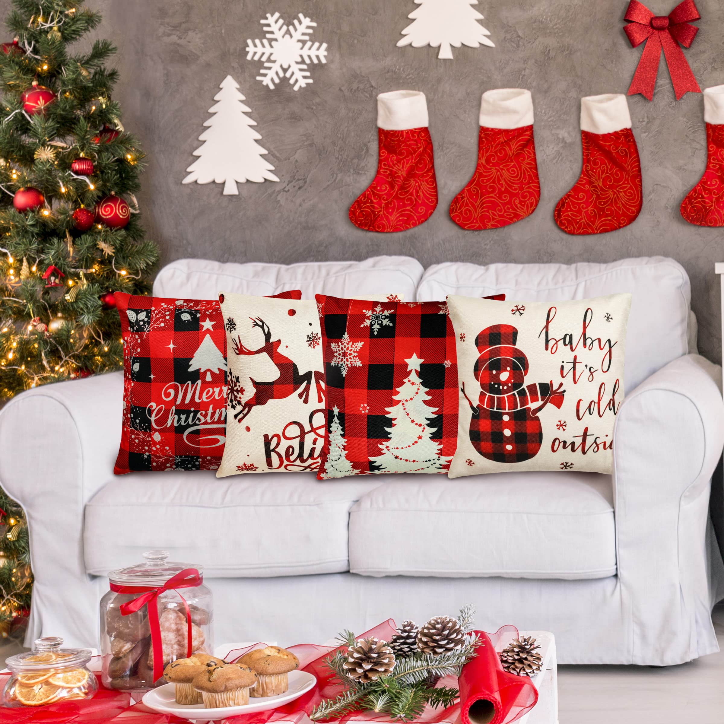 Christmas Pillow Covers 18×18 Inch Set of 4 Farmhouse Christmas Pillow Covers Christmas Pillow Cases for Sofa Couch Christmas Decorations Throw Pillow Covers