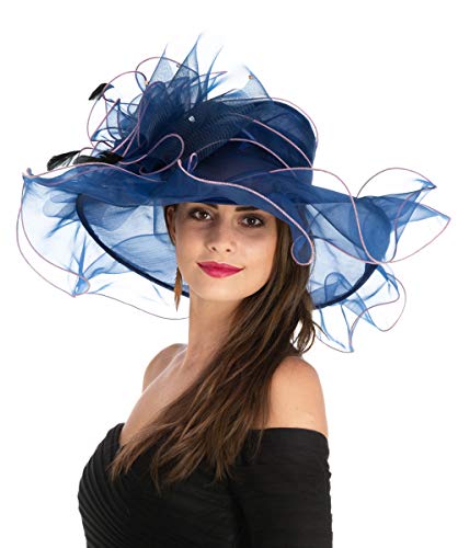 Women's Organza Church Kentucky Derby British Fascinator Bridal Tea Party Wedding Hat Summer Ruffles Cap (H5-Navy Line)