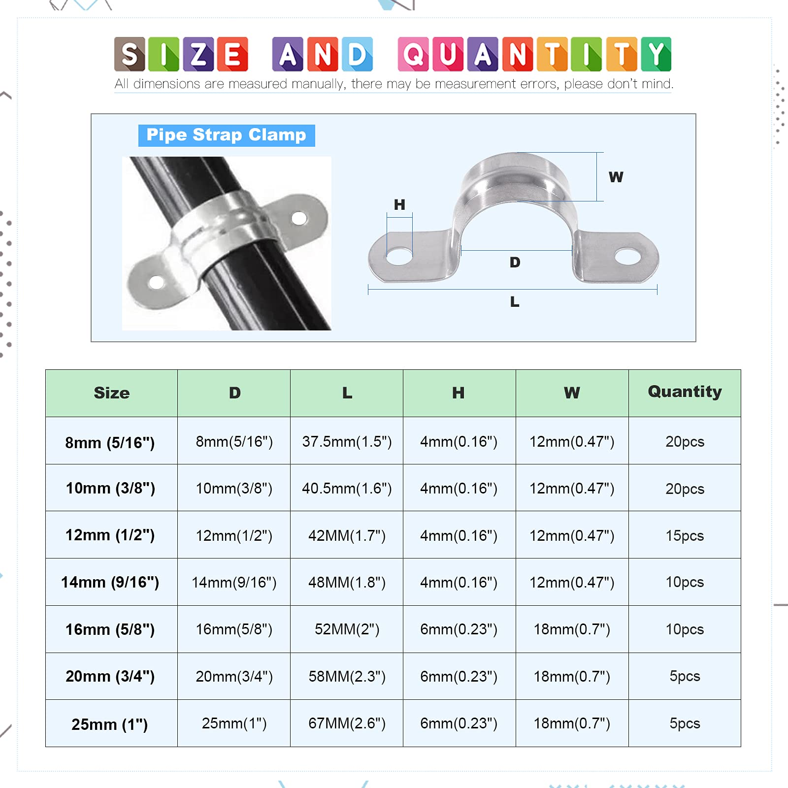 Glarks 85Pcs Pipe Strap Clamp Set M8 M10 M12 M14 M16 M20 M25 304 Stainless Steel Two Hole Strap Heavy Duty Rigid Pipe Strap U Bracket Tube Strap Assortment Kit For Pipe Tube Fixing