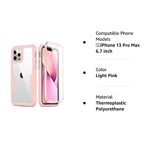 FUNMIKO iPhone 13 Pro Max Case with Screen Protector,Mili-Grade Heavy Duty Protection Pass 21ft. Drop Tested Slim-fit Clear Cover Protective Phone Case for Apple iPhone 13 Pro Max 6.7" Light Pink