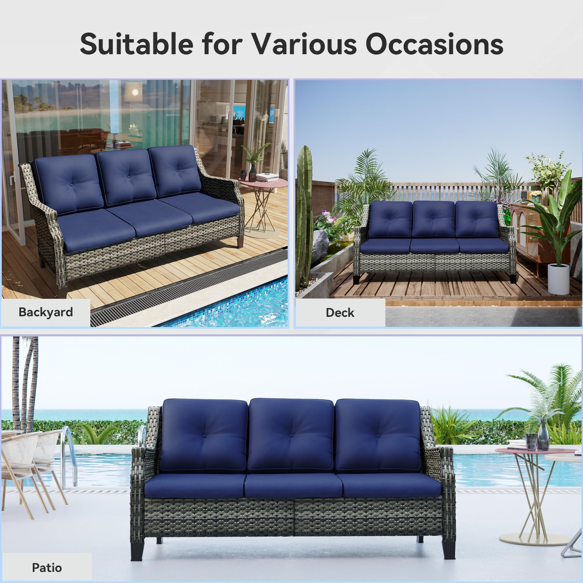Joyside Outdoor Patio Couch Wicker Sofa - 3 Seater Rattan Sofa for Outside Patio Garden with Deep Seating and Olefin Cushions(Mixed Grey/Dark Blue)