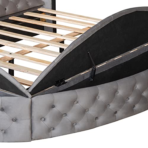 Round Upholstered Full Beds with Storage Modern Velvet Platform Bed with Deep Button Tufting Headboard and Footboard Tufted Bed with Storage Compartments in Rails and Ottoman, Gray