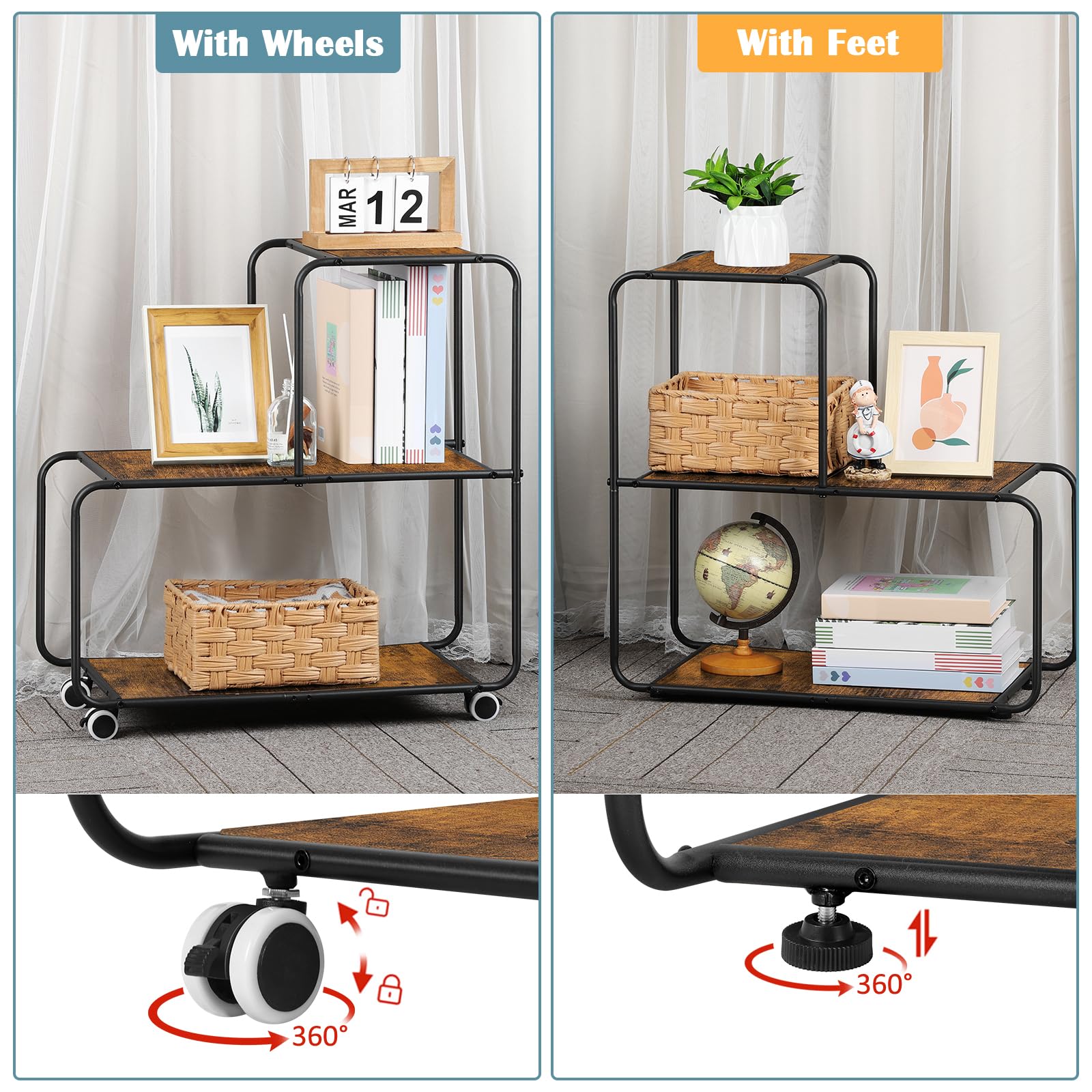 Luplom White Nightstand Set of 2 Small Side Table for Small Spaces 3 Tier End Tables Living Room with Wheels for Sofa Armchair Bed Side
