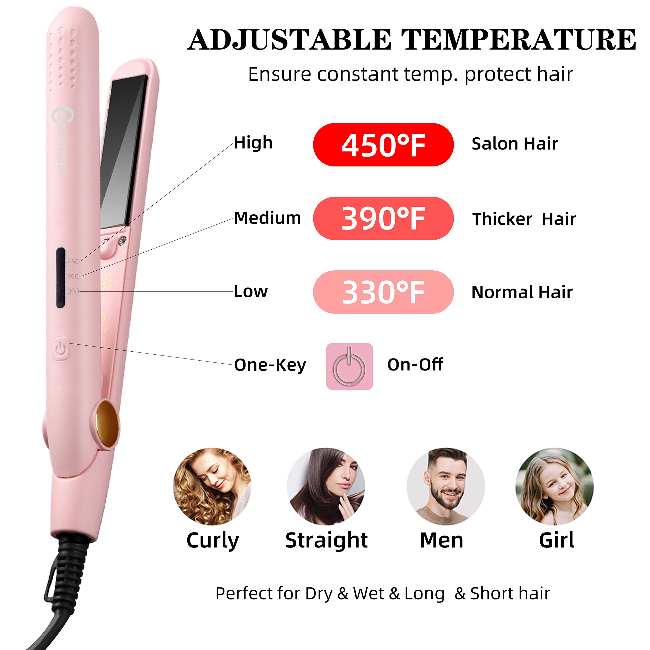 Cosermart Temperature Adjustable Ionic Titanium Ceramic Hair Straightener and Curler 2 in 1 - Dual Voltage Curling Bangs Flat Iron Great for Salon and Travel, Pink