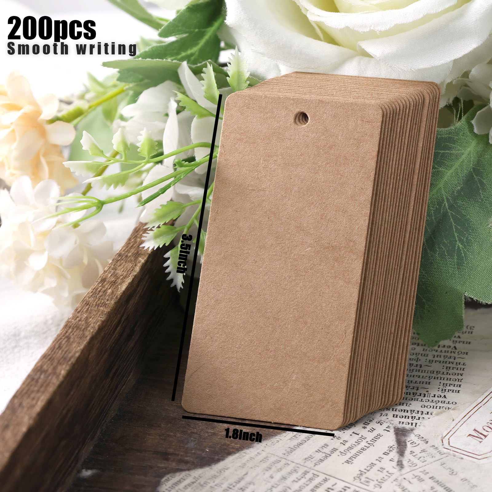 Koogel 200PCS Kraft Paper Gift Tags with String, 3.5"*1.8" Brown Blank Hanging Labels Cloth Tags Business Craft Gift Wrapping Tags