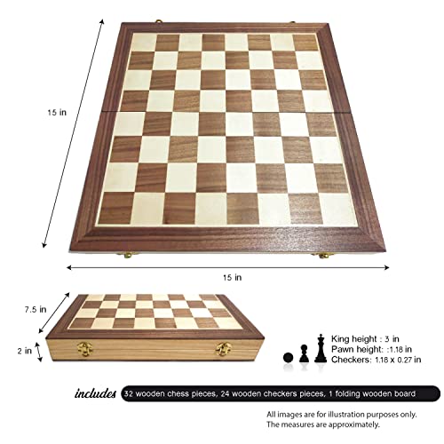 Wooden Chess & Checkers Game Board Set. Large 15x15 Wood Classic Unique Portable Travel Sets. Ajedrez
