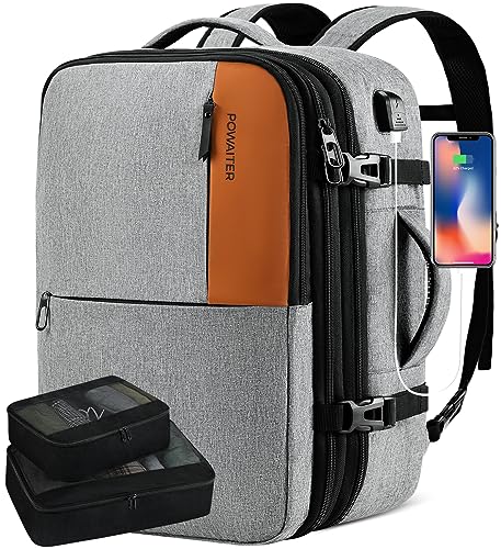 POWAITER Travel Backpack for Women Men, Carry On Backpack Flight Approved Fits 17 Inch Laptop with 4 Packing Cubes for Travel & Business Trip-Gray