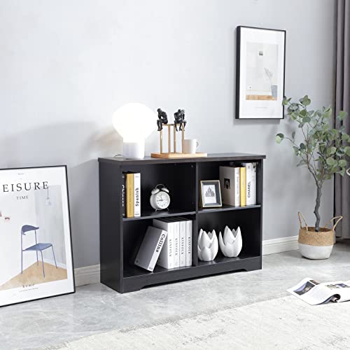 Royal Woods RUIENHOME Industrial Storage Cube Wood Bookcase, 2 Tier 4 Open Shelf Cabinet, Multipurpose Bookshelf, Display Cabinet for Office, Hallway, Playroom, 39.37x 11.69x 28.74 inch, Black