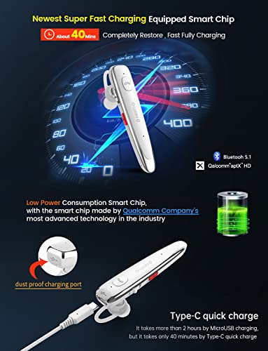 Glazata Wireless Headset with ENC Dual Mic Noise Canceling & Mute Key, apt-X & apt-X HD for Driving, Office, Business, Compatible with Cell Phone and PC 「White」